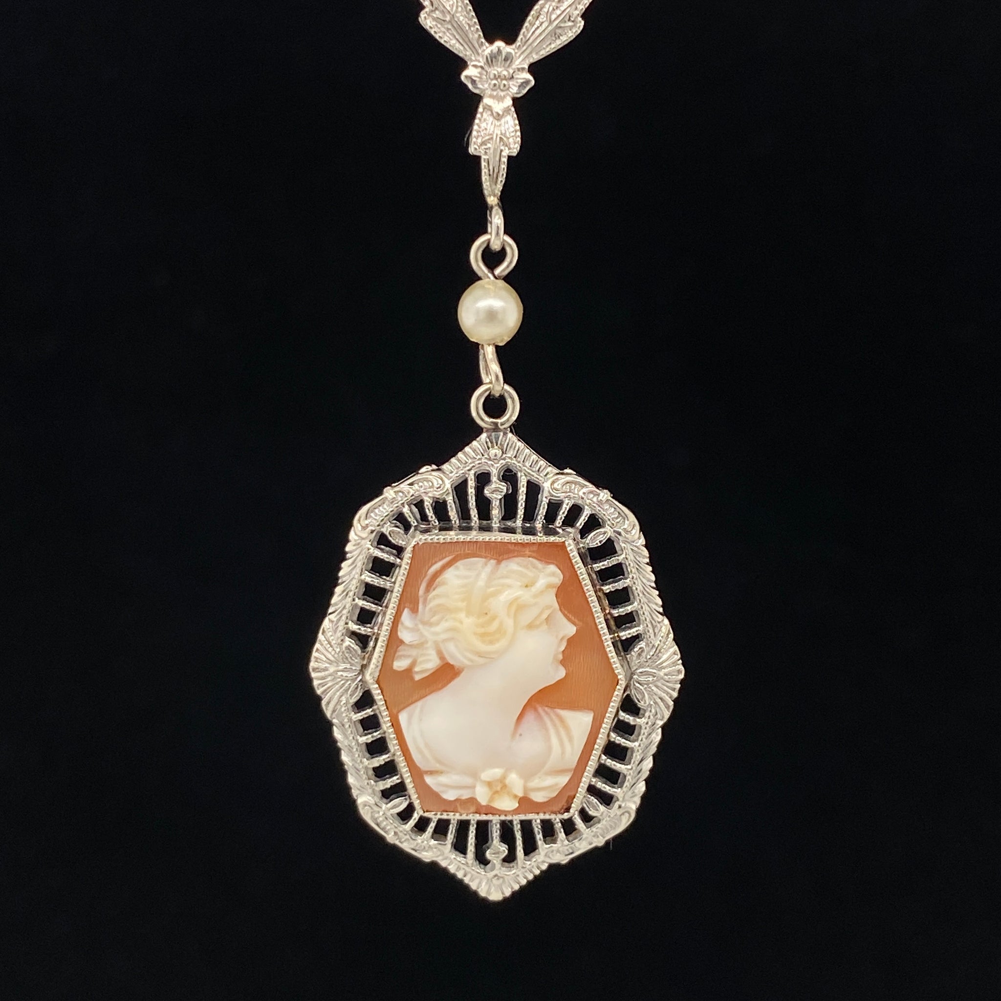 Rachel Necklace - 10K White Gold Filigree Cameo Necklace, 18 inches